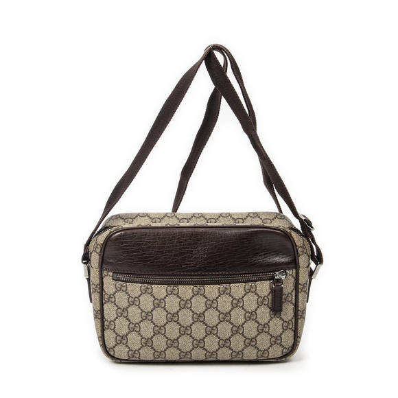 Gucci | Bags | Gucci Front Zip Camera Bag In Beigebrown Supreme Coated ...